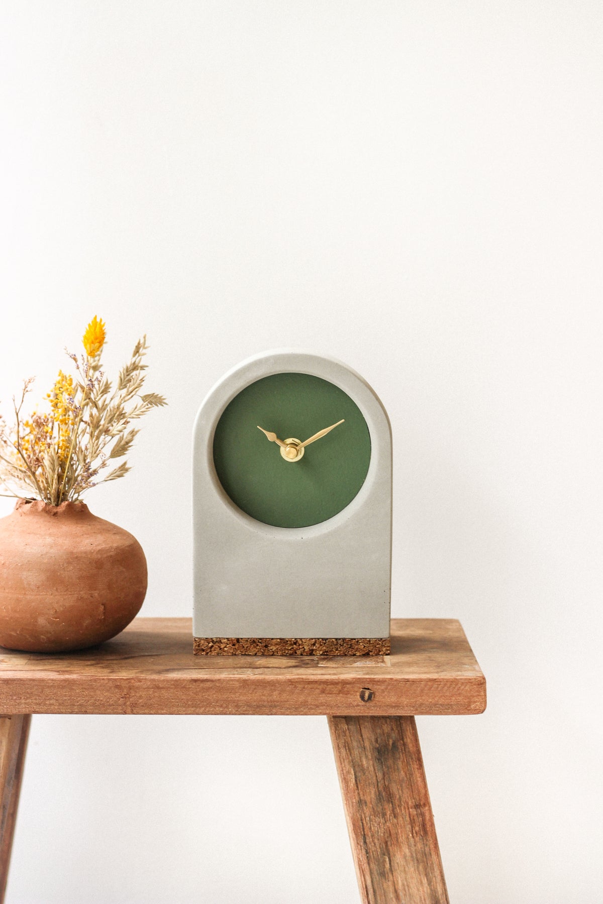 Handmade Concrete & Green Desk Clock with Cork Base– The Painted Bird