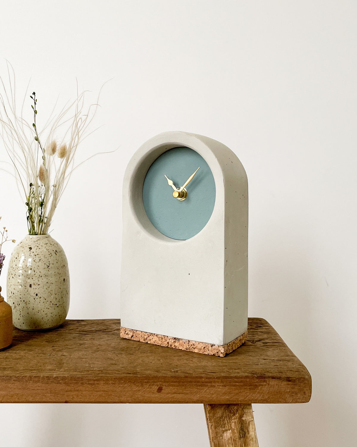 Handmade Concrete Grey & Blue Desk Clock with Cork Base– The Painted Bird